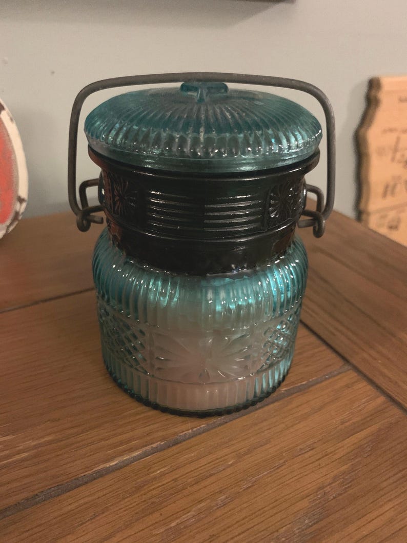 1970 Avon Sunburst Design Teal Blue Glass Vintage Jar With Wire Bale - Etsy