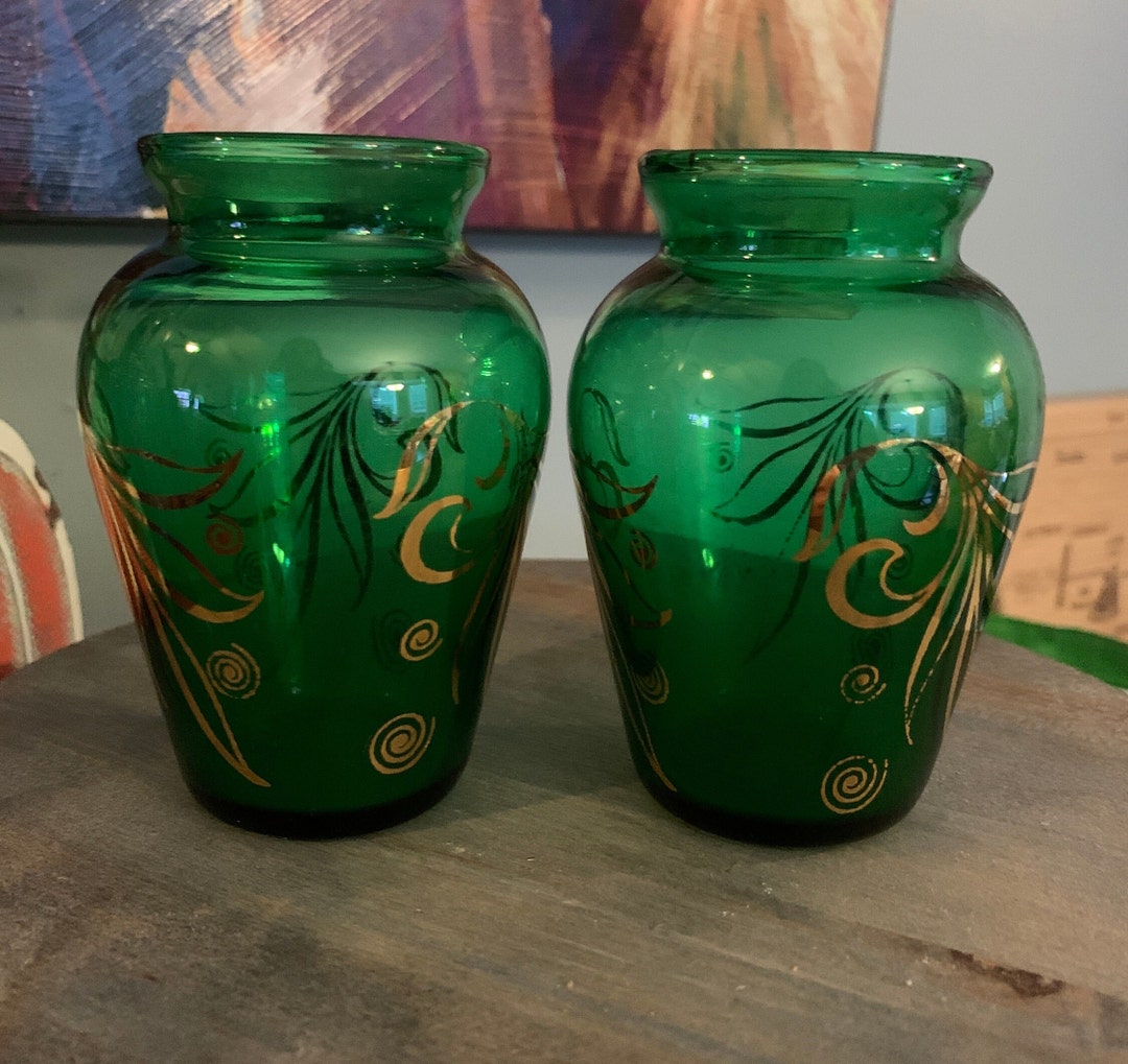 Emerald Green Bud Vases With Gold Gilding - Set of Two - Etsy
