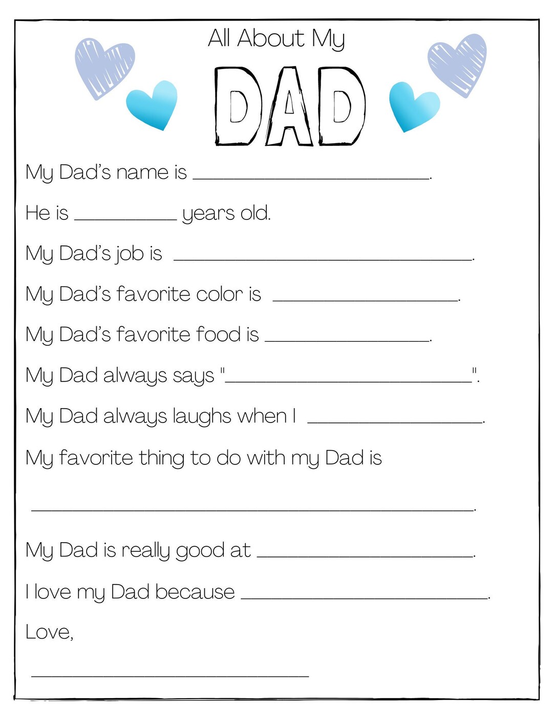 All About My Dad Fill in Template, Father's Day Gift, Keepsake, Kids ...