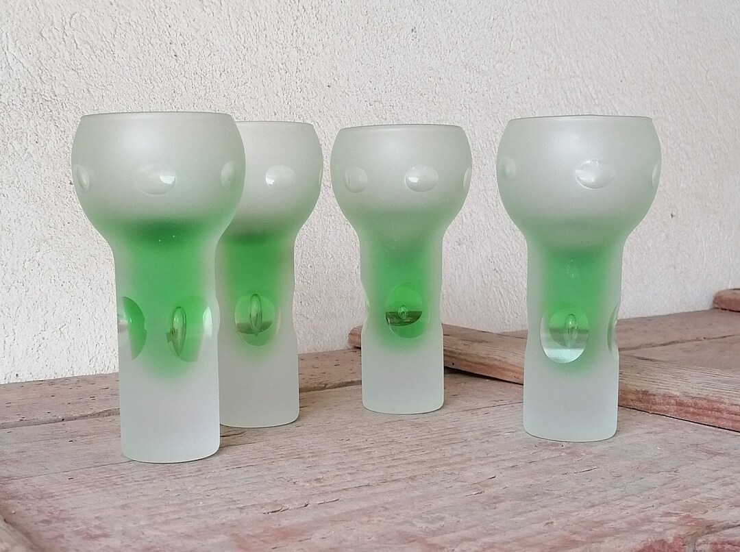Four Green Lead Crystal Glasses of the 70s Ice Effect, Hand Cut ...