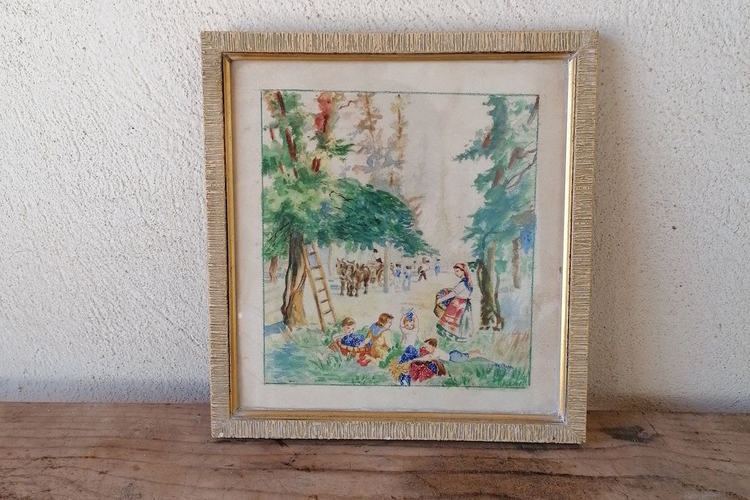 Acquarello vintage italiano anni 50, incorniciato, vendemmia , decor ...