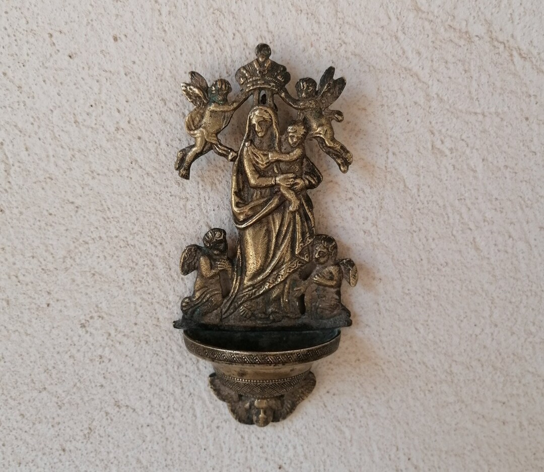 Antique Bronze Wall Stoup , Italian , Madonna Crowned With Child With ...