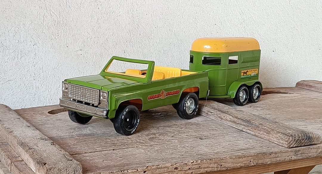 Tin and Plastic Toy Van With Horse Trailer, Vintage 70s Toy, Yellow and ...