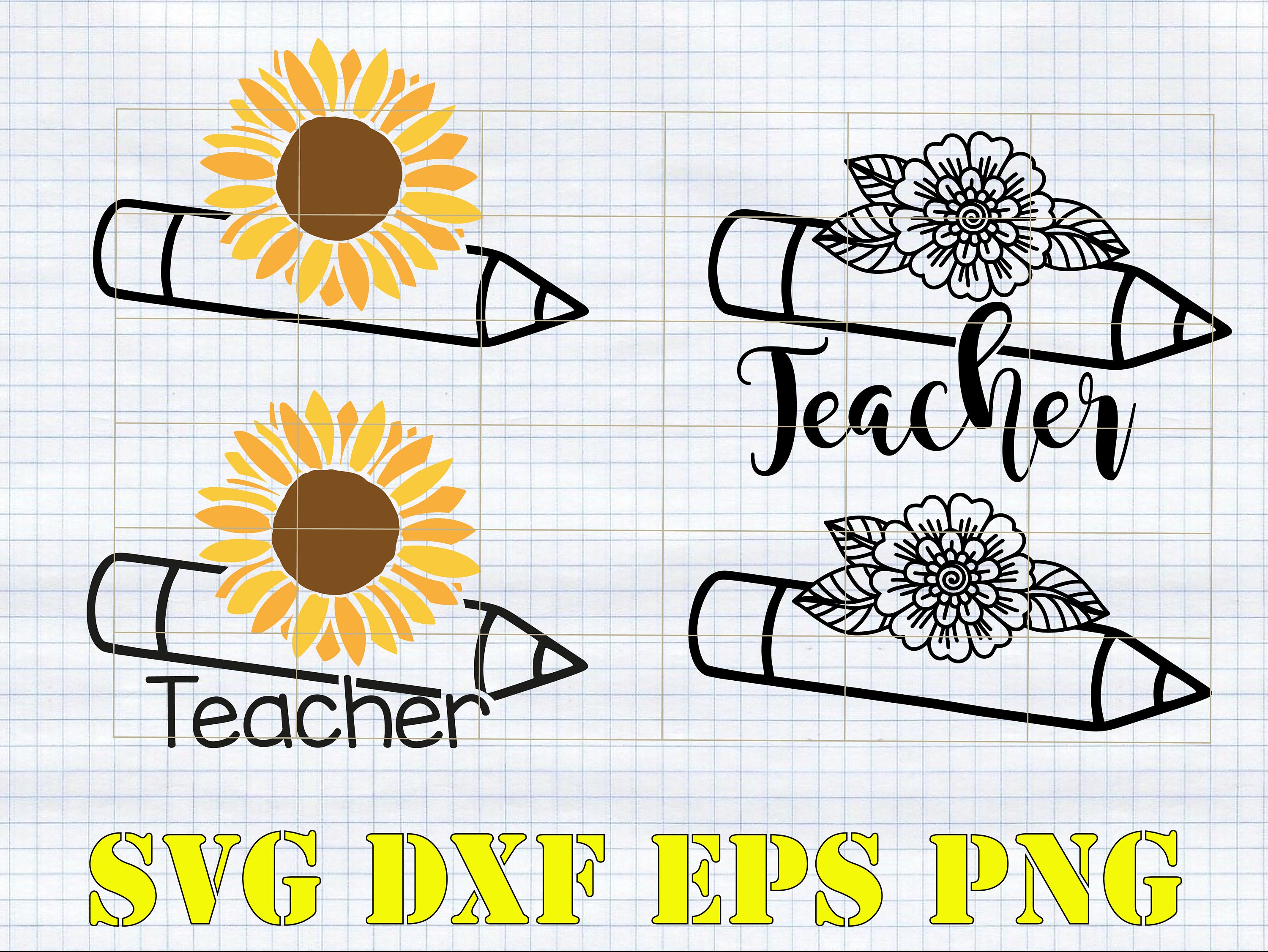 Sunflower Teacher Bundle SVG PNG Files Floral Teacher Pencil | Etsy