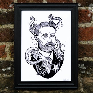 Sea Man Art Print A4 Ink Line Drawing Black and White Monochrome Art ...
