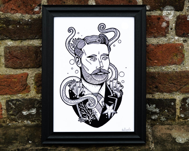 Sea Man Art Print A4 Ink Line Drawing Black and White Monochrome Art ...