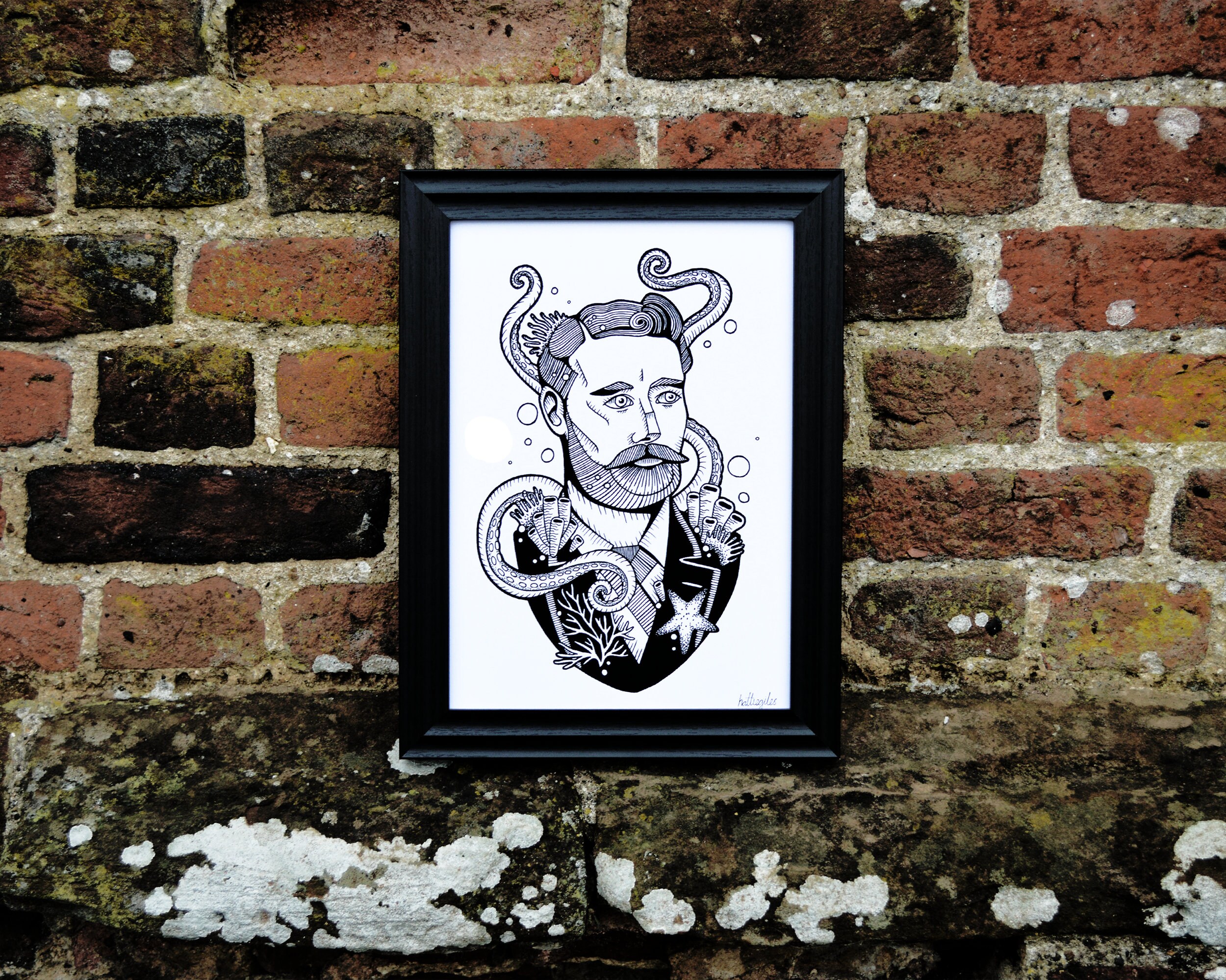 Sea Man Art Print A4 Ink Line Drawing Black and White Monochrome Art ...