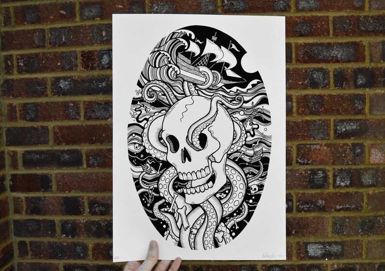 The Kraken A3 Art Print Ink Line Drawing Black and White - Etsy