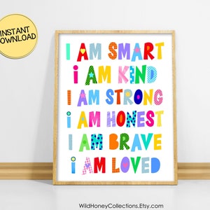 Affirmations, Printable Kids Room Wall Art, I Am Smart Kind Strong ...