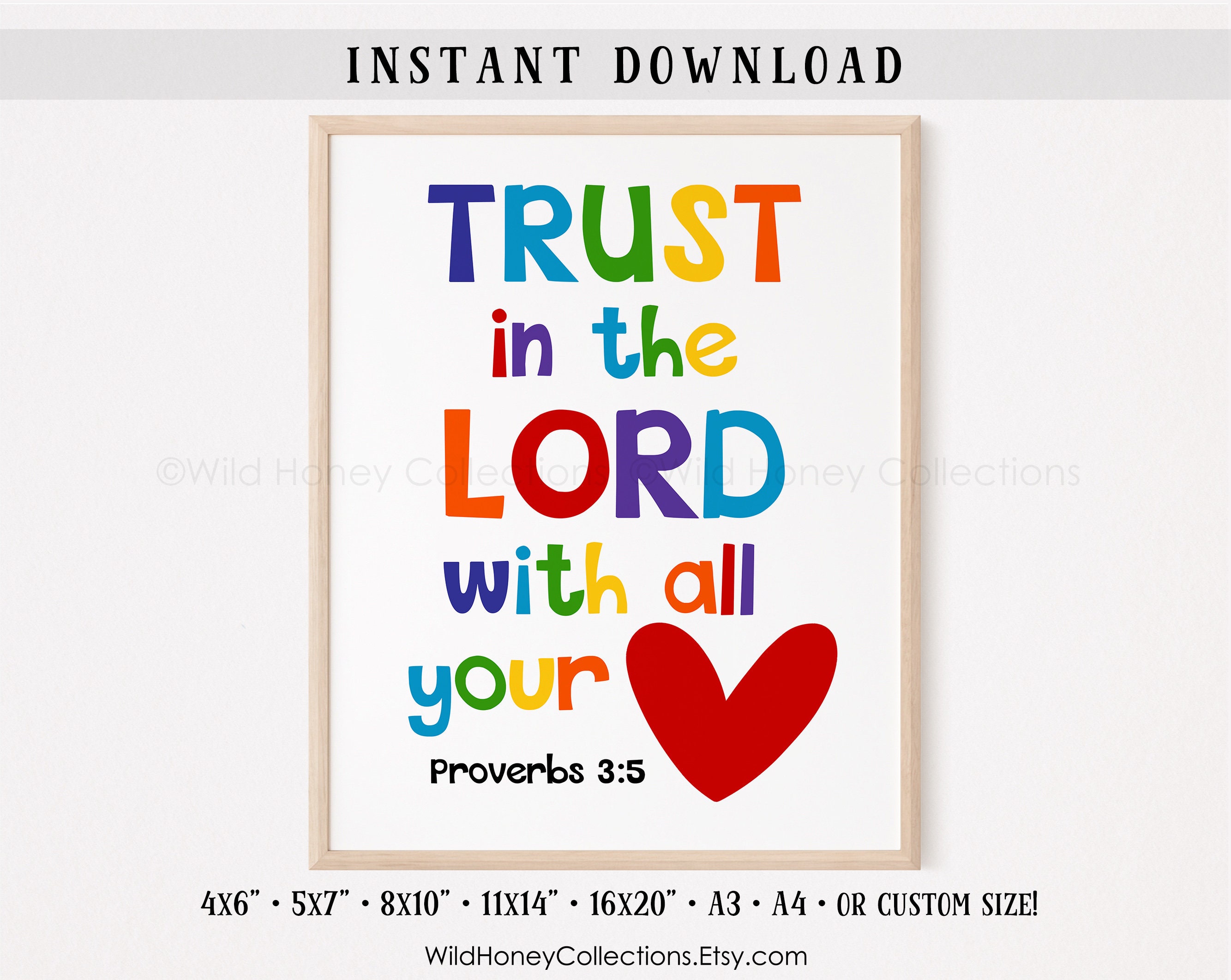 Trust in the Lord, Proverbs 3:5 , Kid Room Printable Wall Art, Rainbow ...