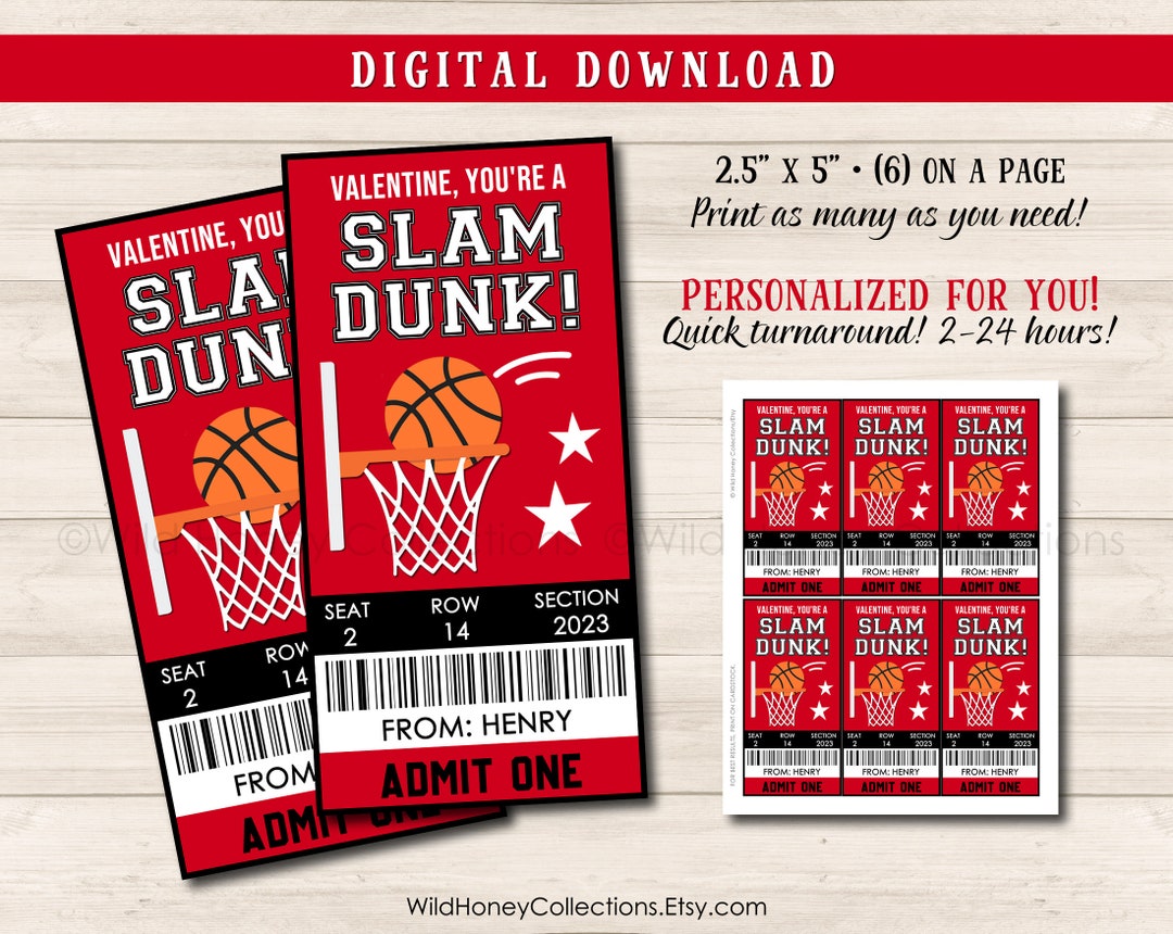 Basketball Valentine Gift Tags, Slam Dunk, Printable Kids Valentine's ...