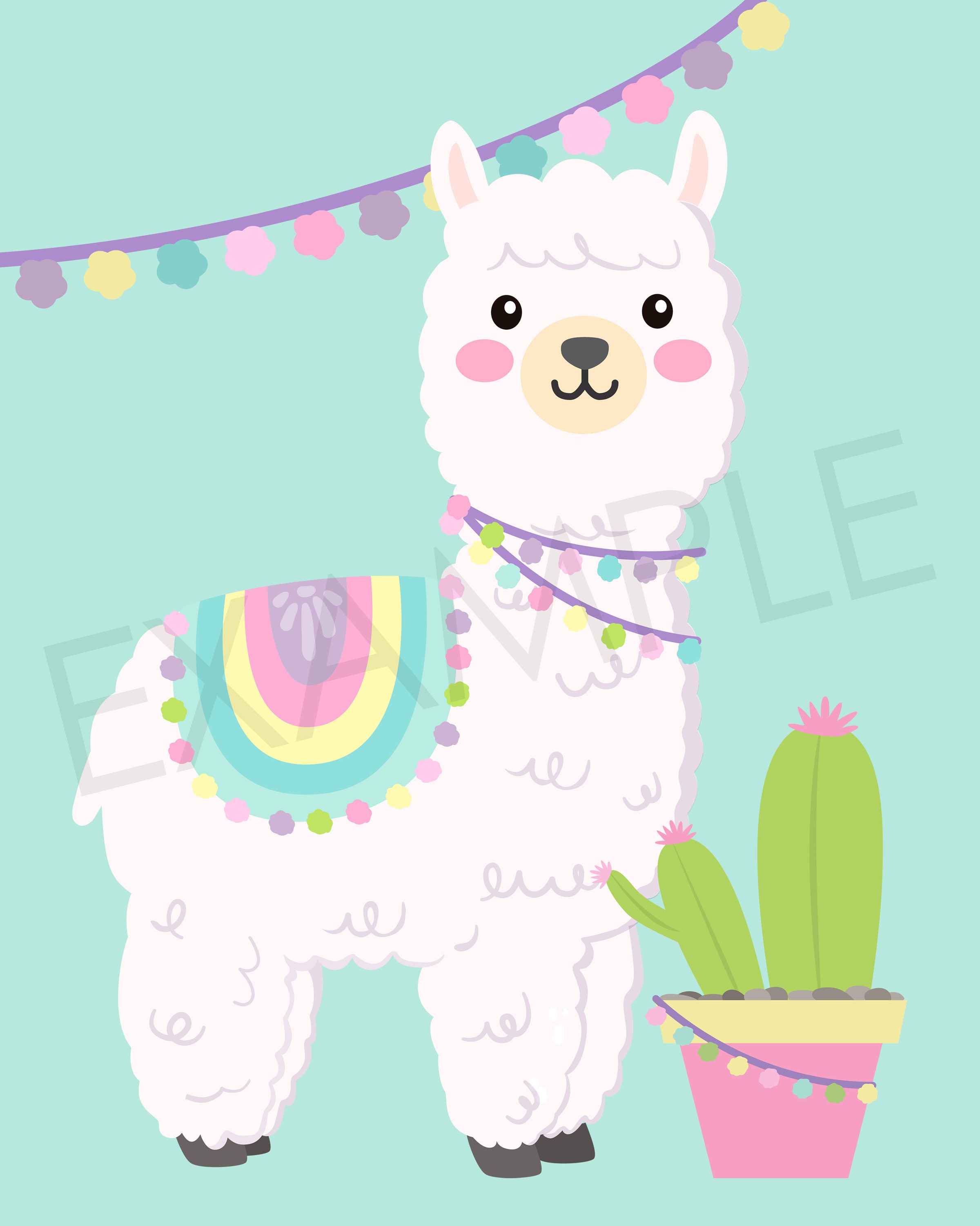Llama Cactus Printable Wall Decor, Girls Room, Pink & Mint, Wall Art ...
