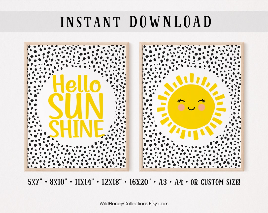 Hello Sunshine, Polka Dot Printable Wall Art, Kids Room Printables ...