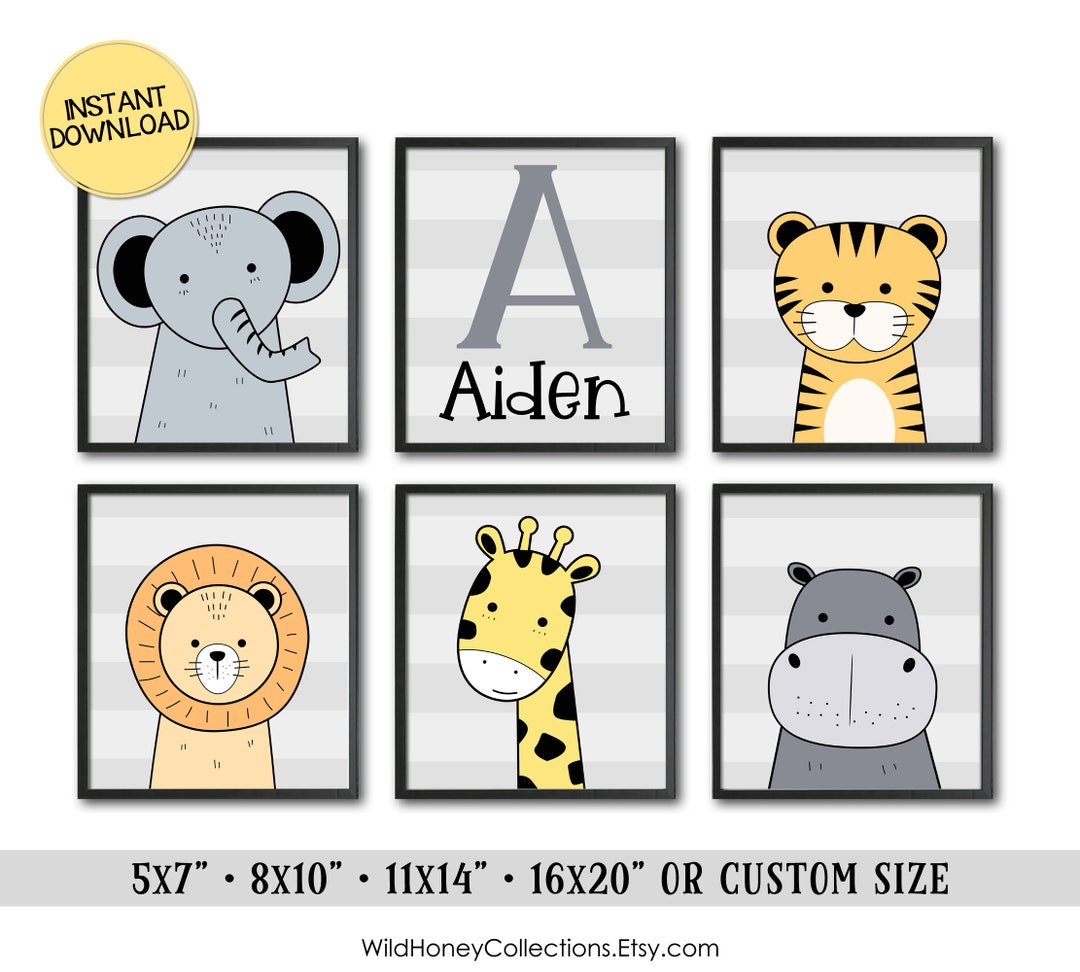 Personalized Boys Room Safari Jungle Zoo Animals, Set of 6, Nursery ...