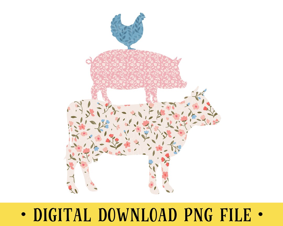 Stacked Farm Animals Silhoutte, PNG File, Floral Cottagecore, Shabby ...