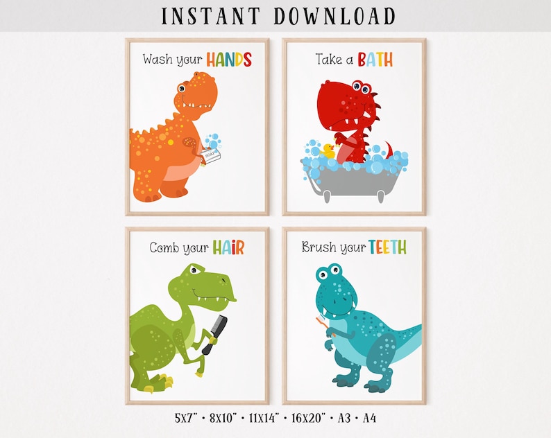 Dinosaur Bathroom Printables for Kids | Wash Your Hands | Brush Your ...