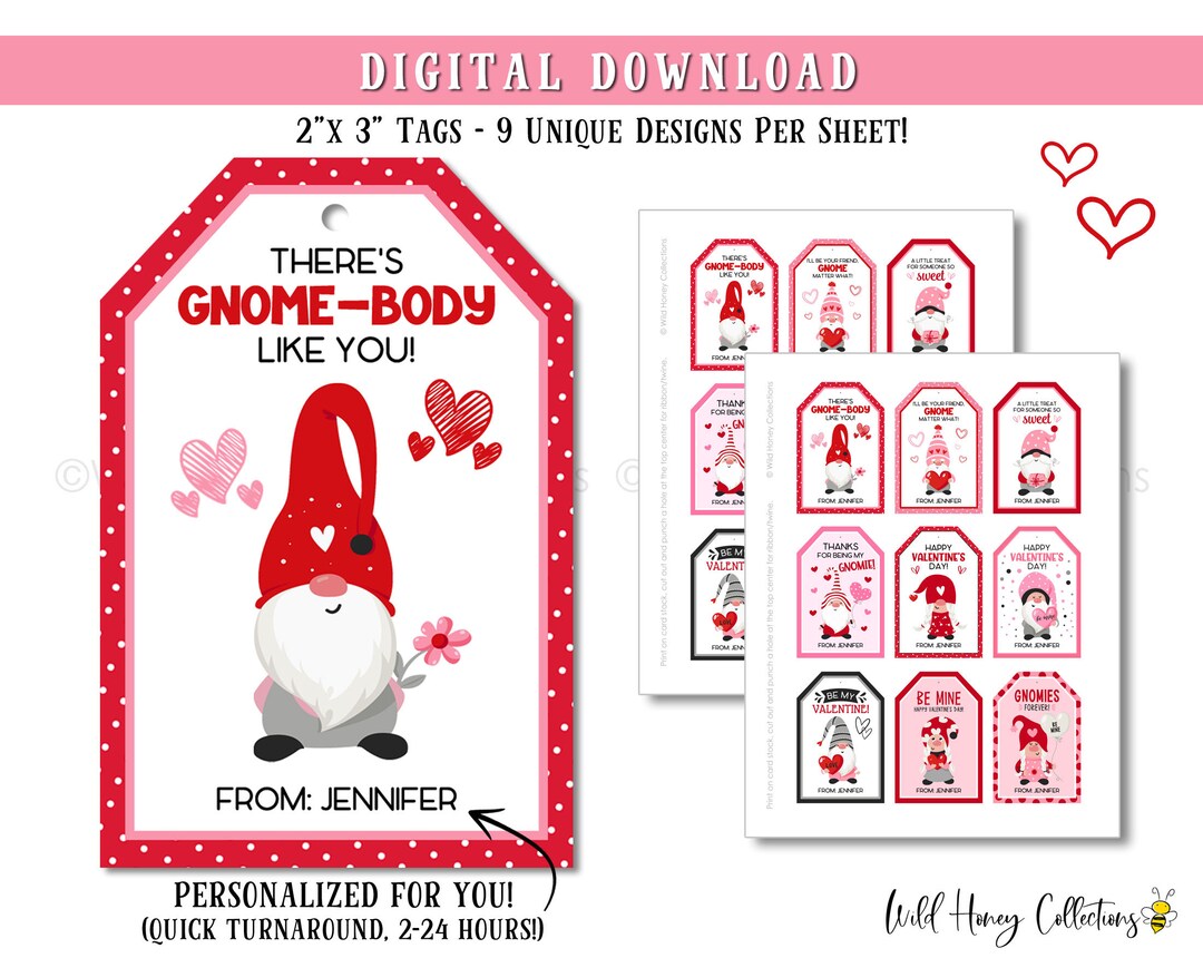 Valentine Gnomes, Kids Valentine's Day Printable Tags, Personalized for ...