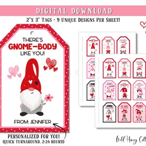 Valentine Gnomes, Kids Valentine's Day Printable Tags, Personalized for ...