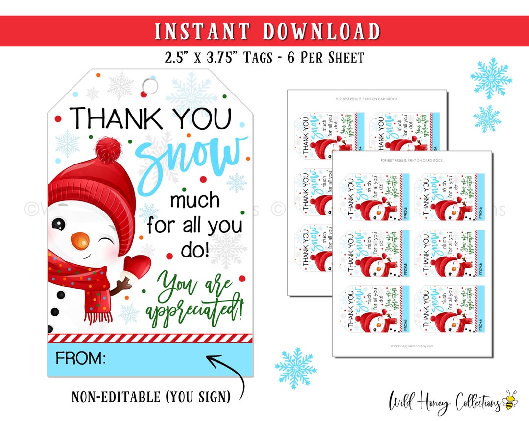 Thank You Snow Much Printable Gift Tags, Christmas Gift Tags, School ...