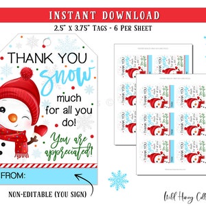 Thank You Snow Much Printable Gift Tags, Christmas Gift Tags, School ...