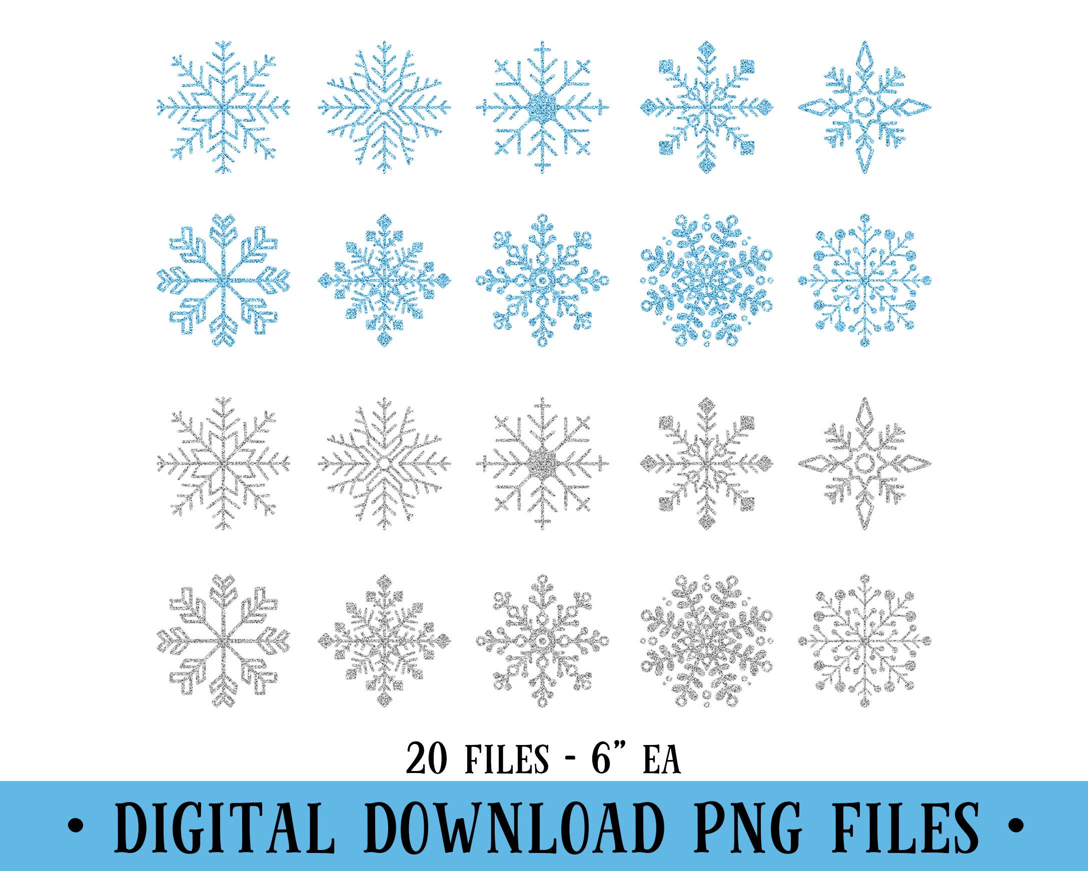 Glitter Snowflakes, Blue, Silver, PNG Files, 20 Files, 6" Each, Winter ...