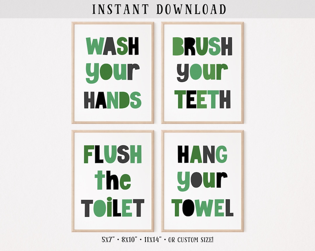 Kids Bathroom Printable Signs, Blue Green Gray, Brush Your Teeth, Wash ...