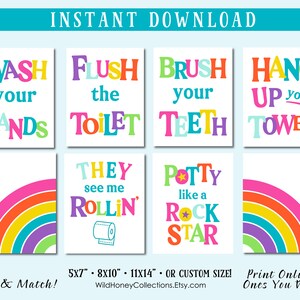 Kids Rainbow Bathroom Decor, Printable Wall Art, Bright Colors, Set of ...