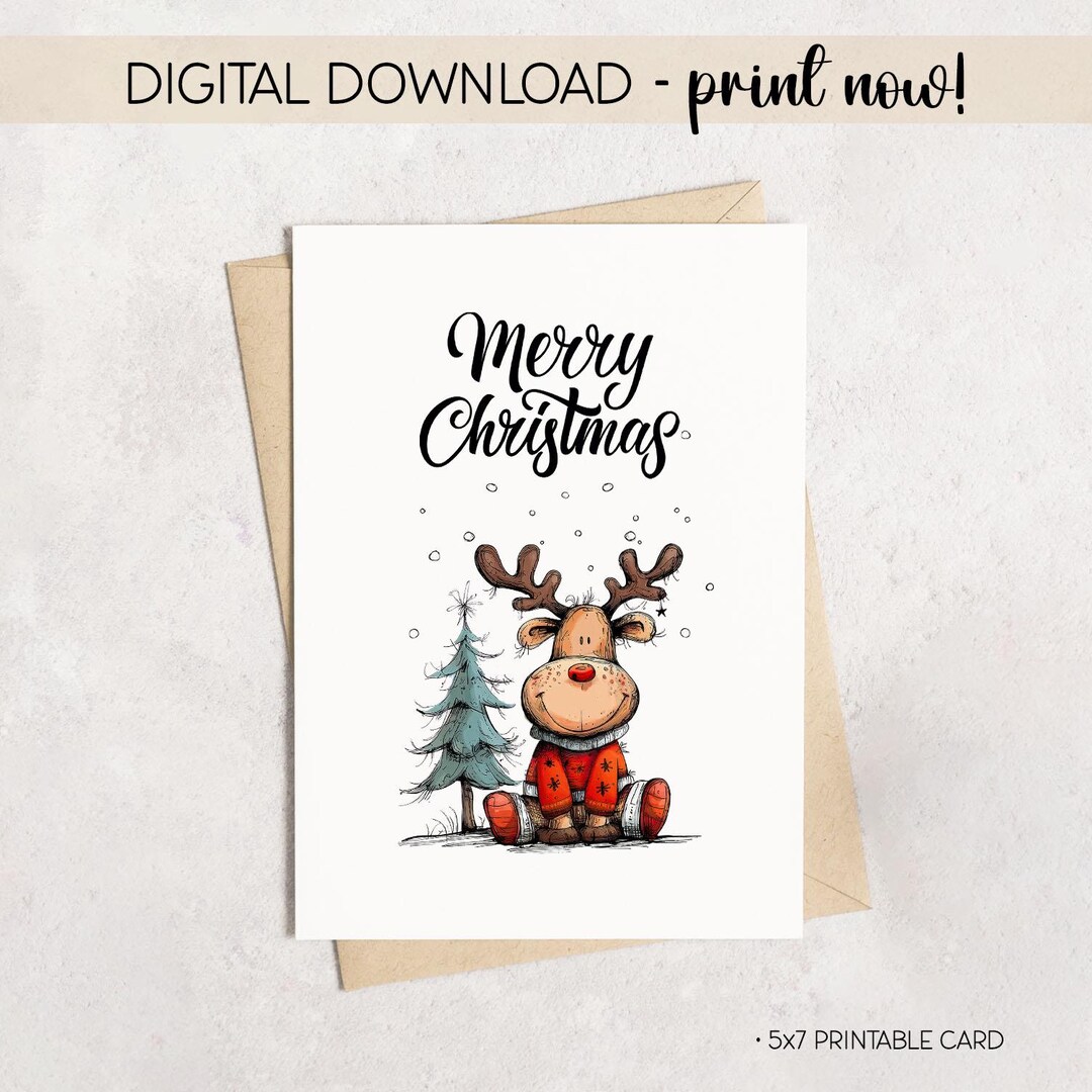Whimsical Reindeer Christmas Card 5x7 | Cute Printable Holiday Card ...