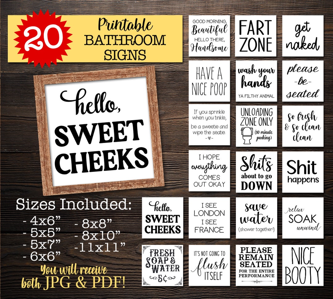 Funny Bathroom Printables, Set of 20, Printable Bathroom Wall Decor ...