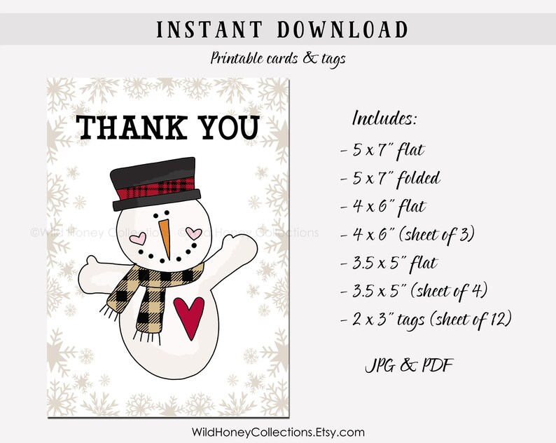 Printable Snowman Thank You Card & Tags: Winter Design (digital ...
