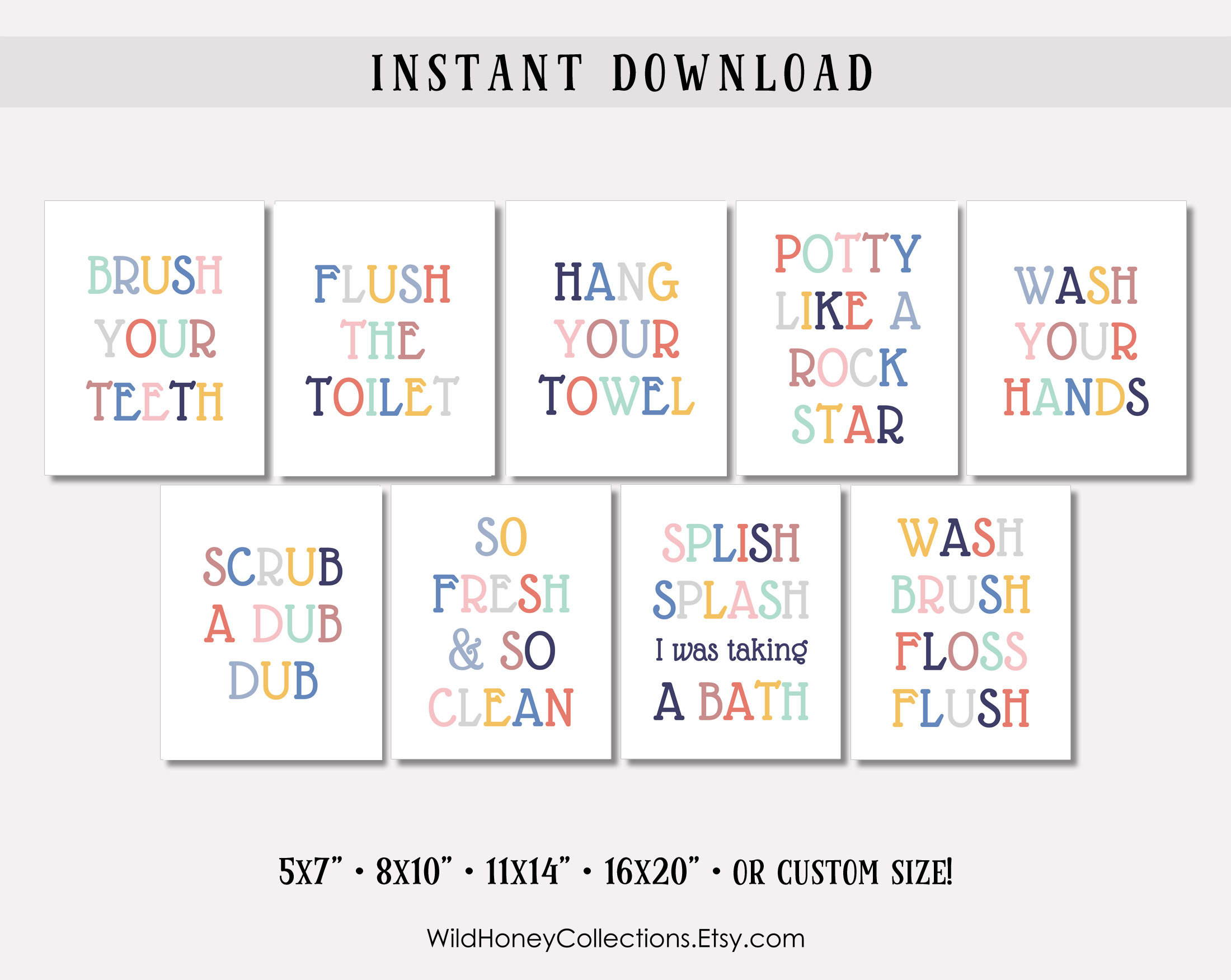 Colorful Kids Bathroom Printable Signs, Set of 9, Soft Muted Colors ...