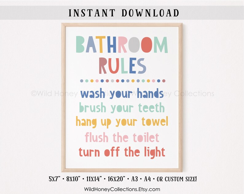 Kids Bathroom Rules Printable Wall Art | Boho Colors | DIGITAL DOWNLOAD ...