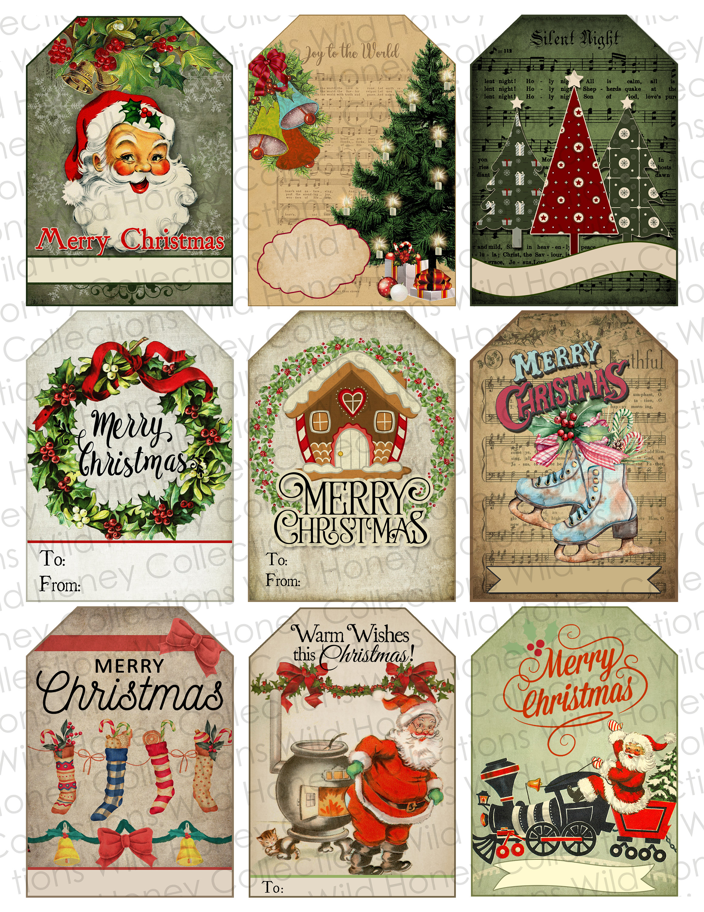 Vintage Christmas Gift Tags, Printable Tags, 2.5" X 3.5", Set of 9 per ...