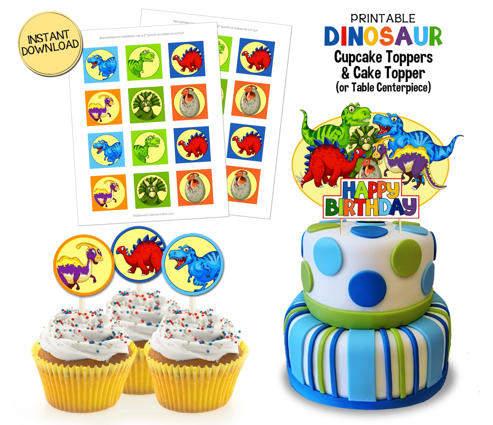 Printable Dinosaur Cupcake Toppers & Cake Topper Kids - Etsy