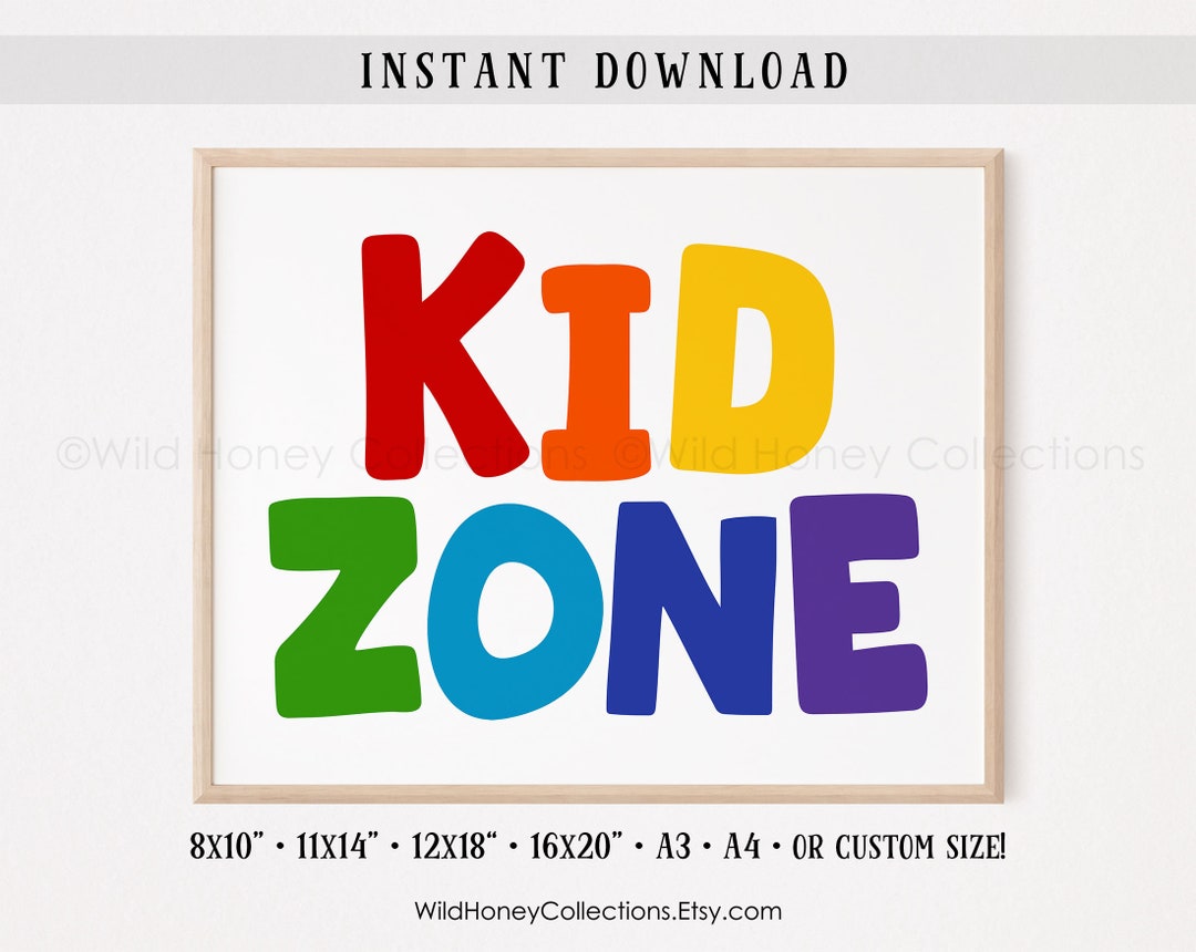 Kid Zone, Kids Printable Wall Art, Play Room Decor, Rainbow Colors ...