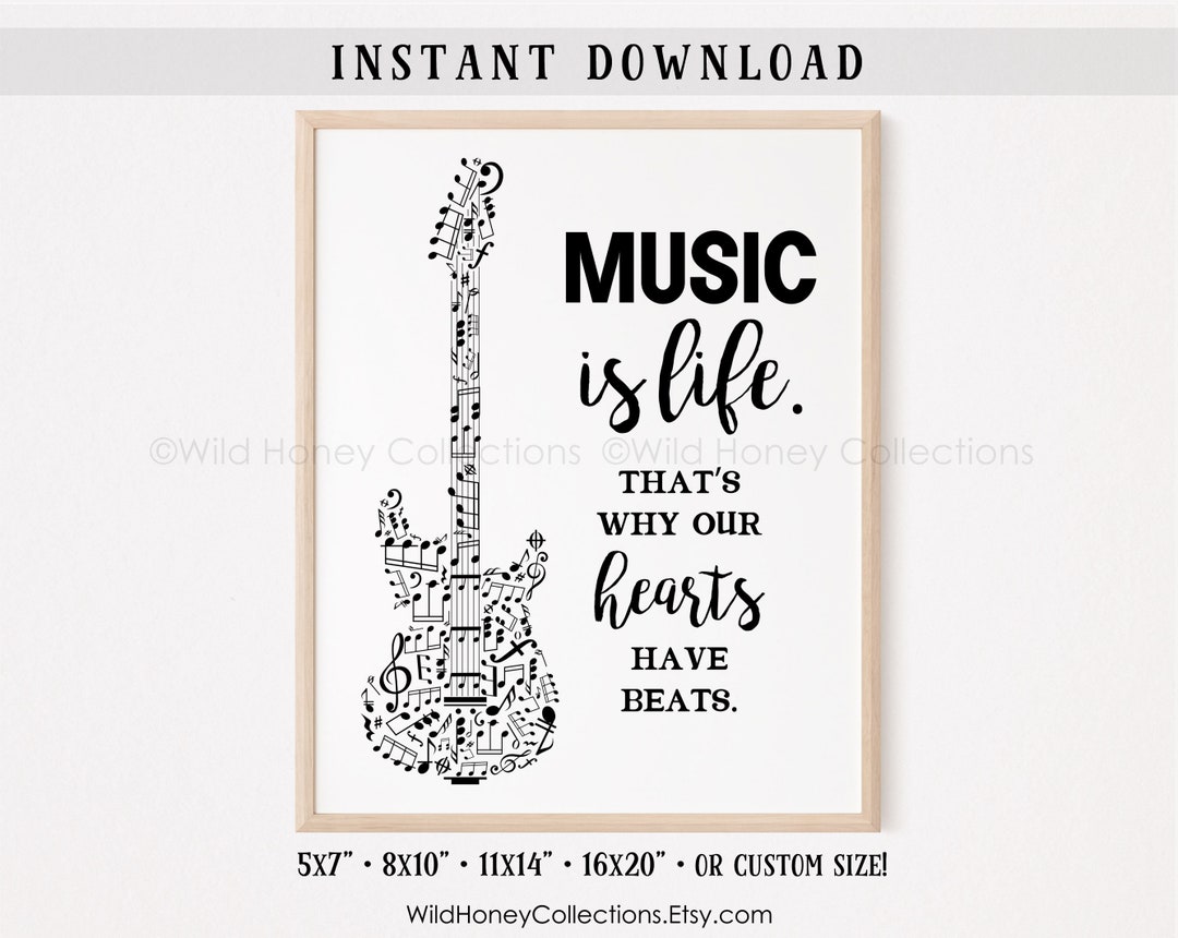 Music is Life, Printable Guitar Decor, Music Lover Gift, Music Teacher ...