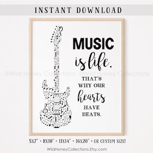 Music is Life, Printable Guitar Decor, Music Lover Gift, Music Teacher ...