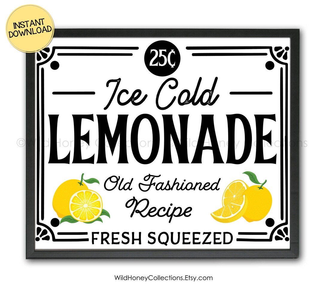 Ice Cold Lemonade, Vintage Style Sign, Printable Wall Decor, Kitchen ...
