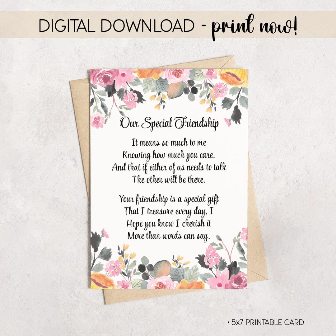 Printable 5x7 Friendship Card | Our Special Friendship Poem | Floral ...