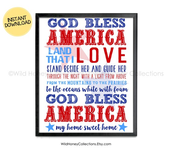 God Bless AMERICA Printable Patriotic Sign Fourth of July | Etsy
