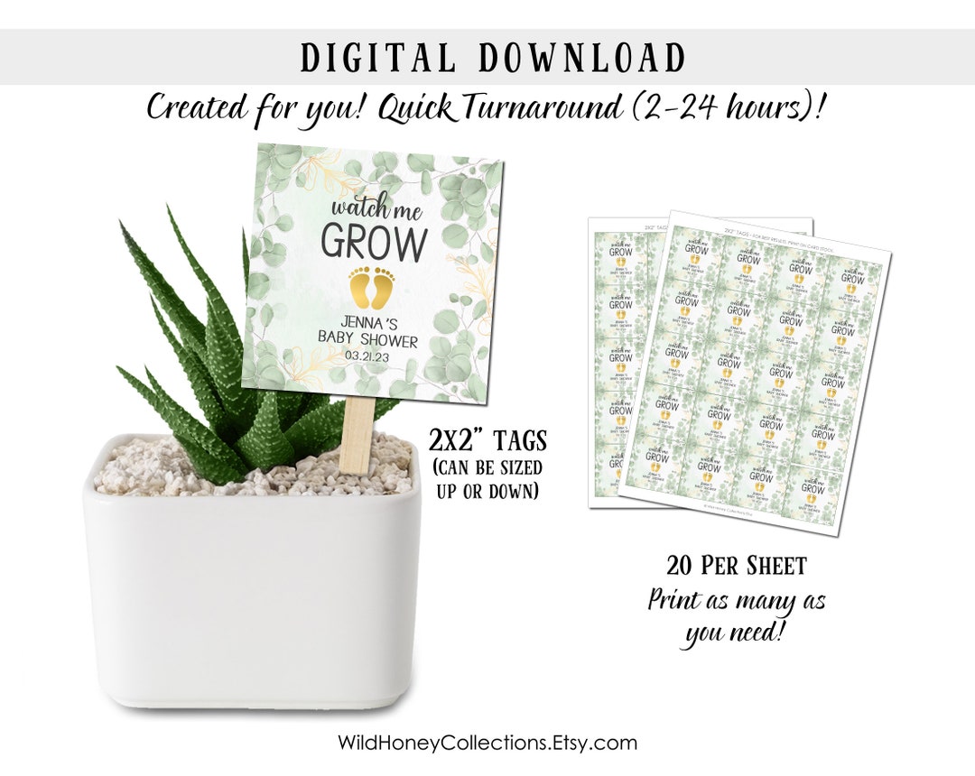 Watch Me Grow, Printable Plant Gift Tags, Baby Shower Favor Tags ...