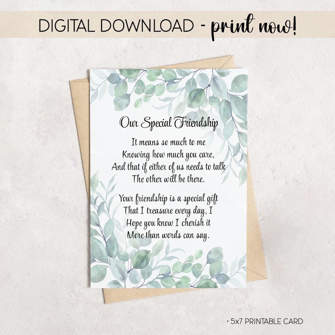 Printable 5x7 Friendship Card | Our Special Friendship Poem | Greenery ...