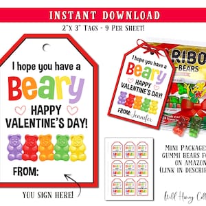 Printable Valentine Tags, Gummi Bears, Kids Valentine's Day Printable ...