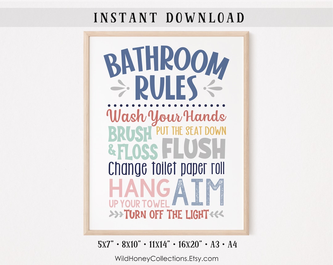 Bathroom Rules, Printable Kids Bathroom Decor, Bathroom Wall Art ...