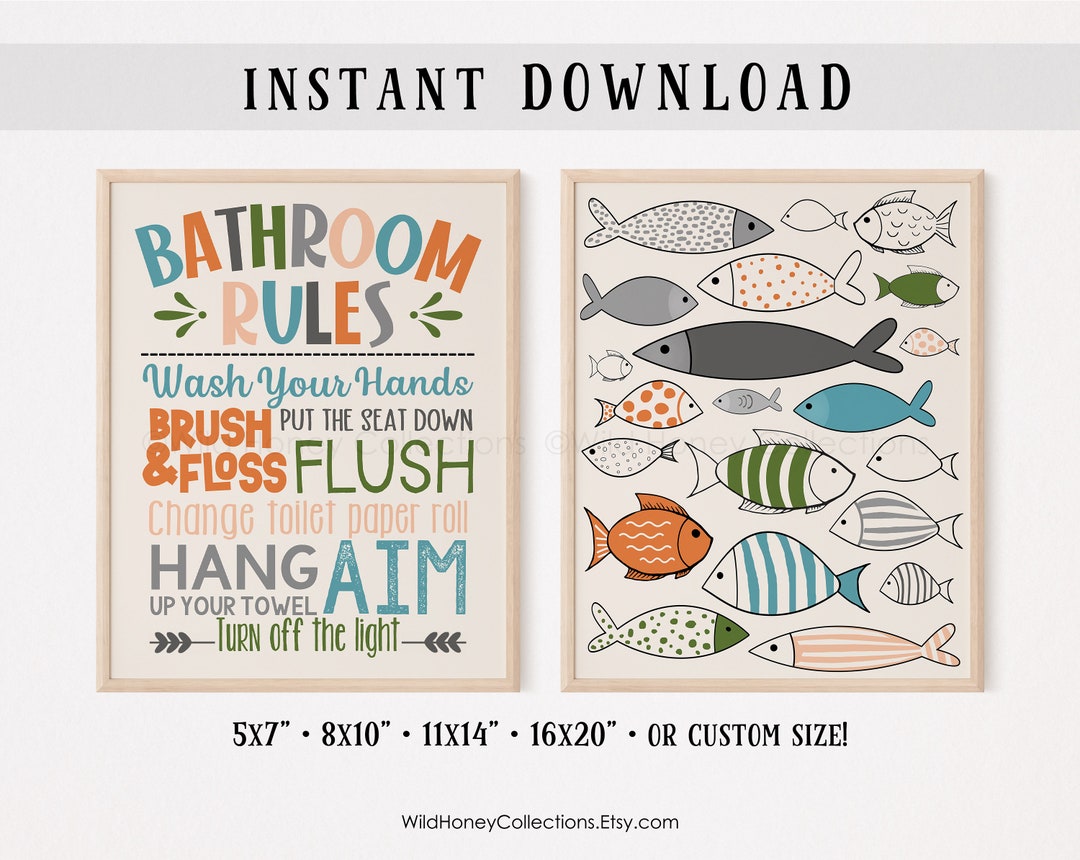 Bathroom Rules, Boys Fish Bathroom Wall Decor, Printable Wall Art ...