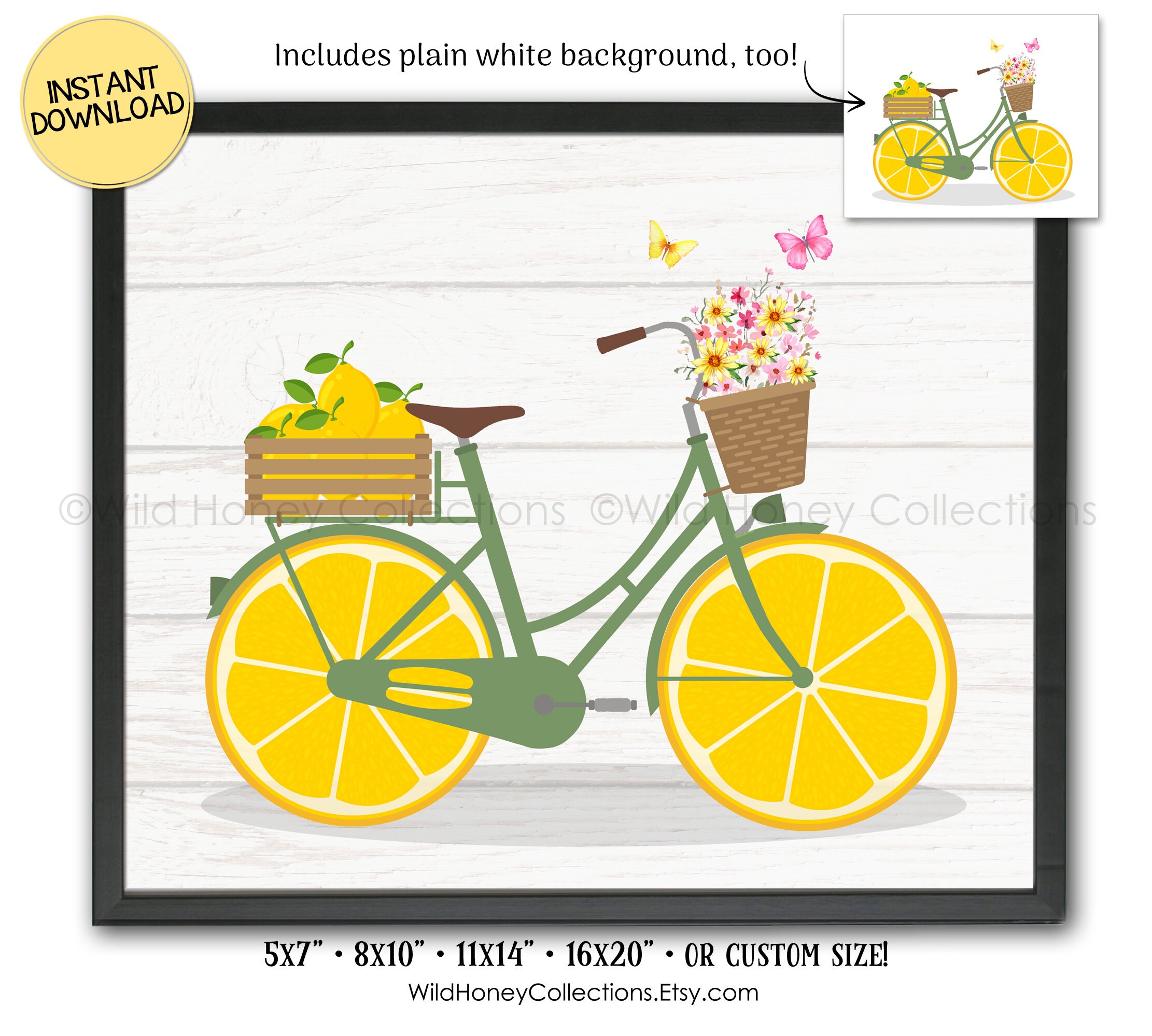 Lemon Bicycle Printable Decor Farmhouse Spring Decor Green | Etsy
