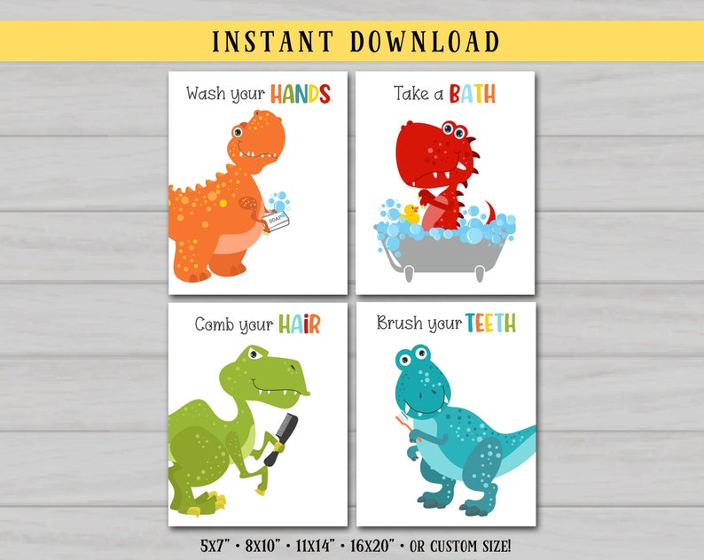 Kids Dinosaur Bathroom Set Printable Wall Art Set of 4 - Etsy