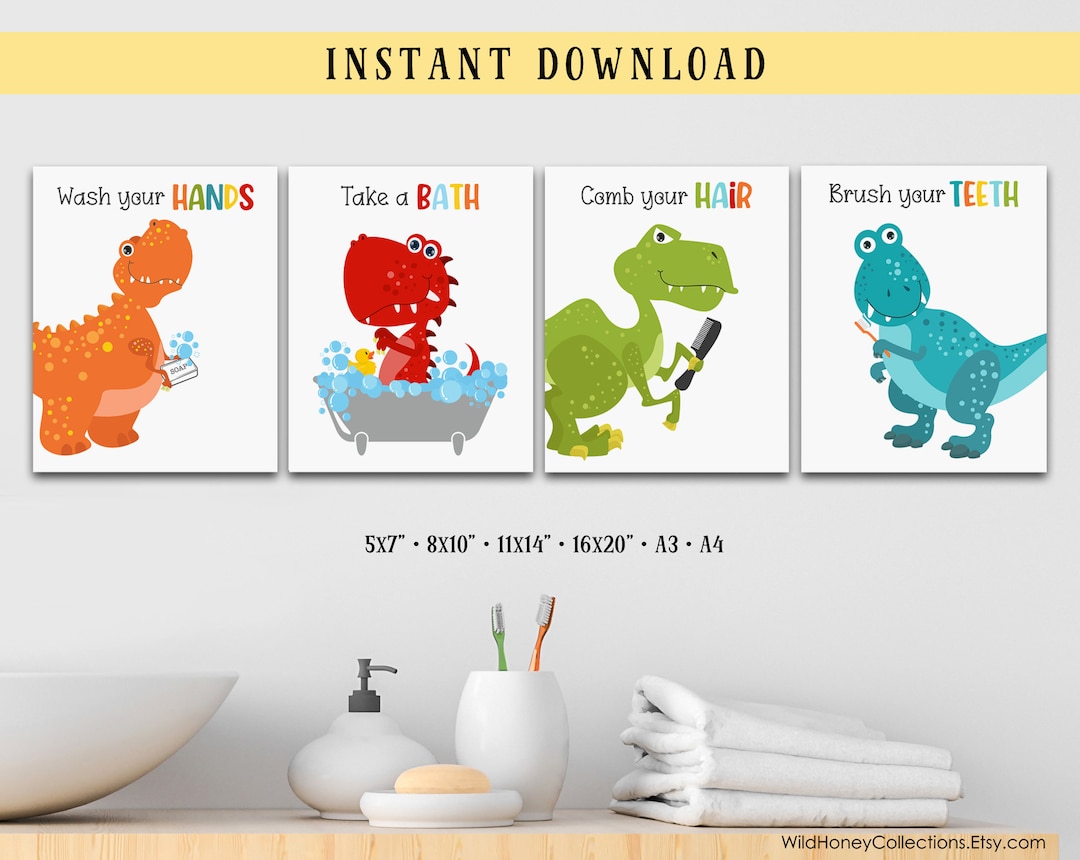 Kids Dinosaur Bathroom Set, Printable Wall Art, Set of 4, INSTANT ...