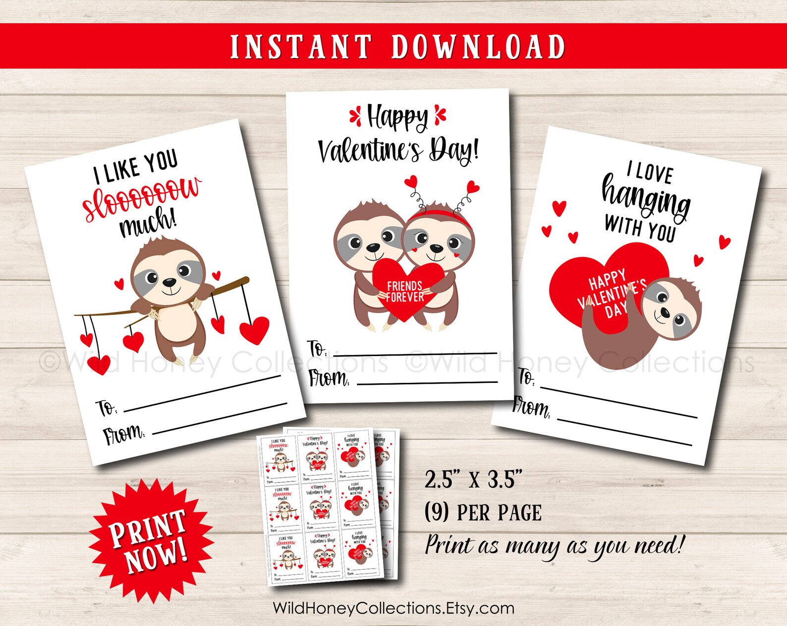 Sloth Valentine Gift Tags, Printable Kids Valentine's Day Tags ...
