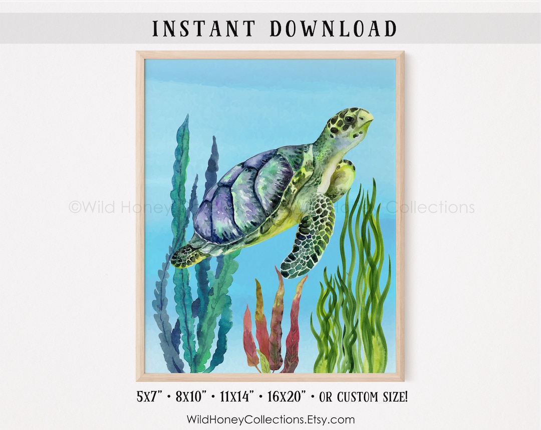 Sea Turtle Printable Wall Art, Coastal Decor, Watercolor Sea Turtle ...